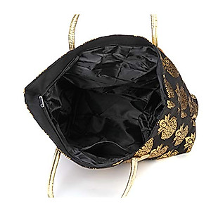 Chandy Metal Gold Pineapple Printed Canvas Beach Tote Bag With Leather Handle (Black), Large