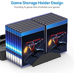 Vertical Stand with Cooling Fan, for PS5 Digital Edition and PS5 UHD Edition, Fast Cooling, Safe and Quiet, with Dual DualSense Controller Charger Ports and Retractable Game Storage