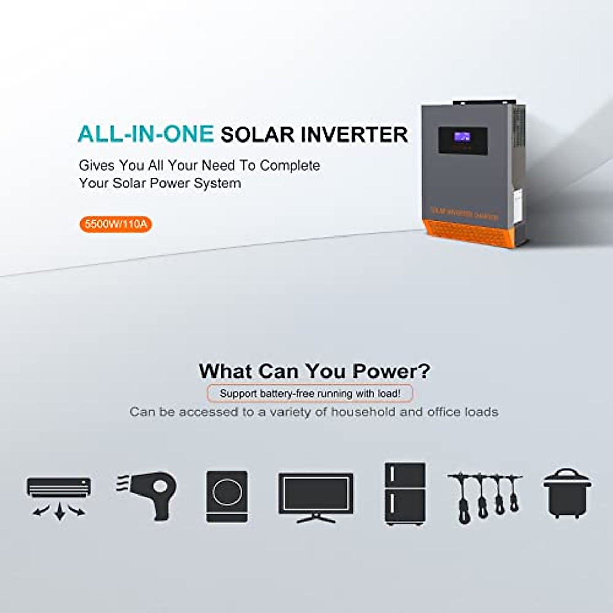 PowMr Solar Inverter 5500W 48V to 230Vac,Off-Grid Hybrid Power Inverter Built-in 110A MPPT Controller, Max.PV Input 6000W, 500V and fit for Lead-Acid, Lithium and no Battery