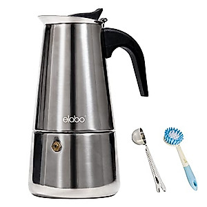 elabo Stovetop Espreeso Machine and Moka Pot for Gas or Electric Ceramic Stovetop, Italian Espresso Coffee Shot Maker for Italian Espresso, Cappuccino and Latte, Stainless Steel 304, 10 Cups