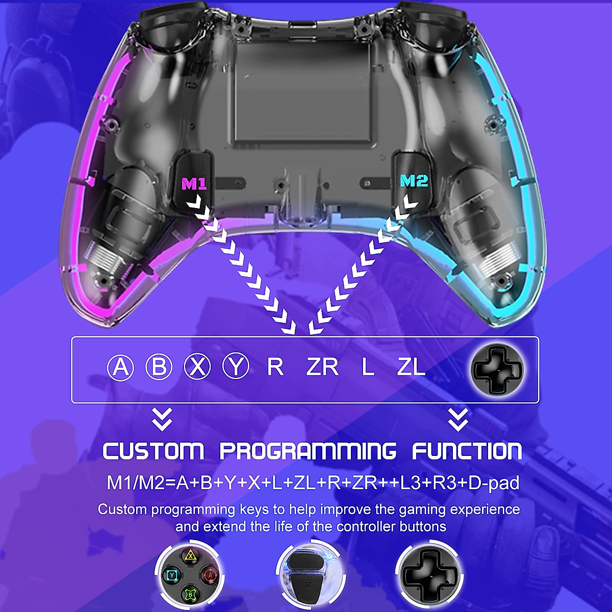 Megadream Wireless Game Controller Transparent Gamepad for iOS Android PC NS Switch PS5 PS4 PS3 Steam Deck: Works with iPhone 14/13/12/11/X, iPad, Samsung, Apex Legends, Call of Duty - Programmable/Turbo/LED Light - Black