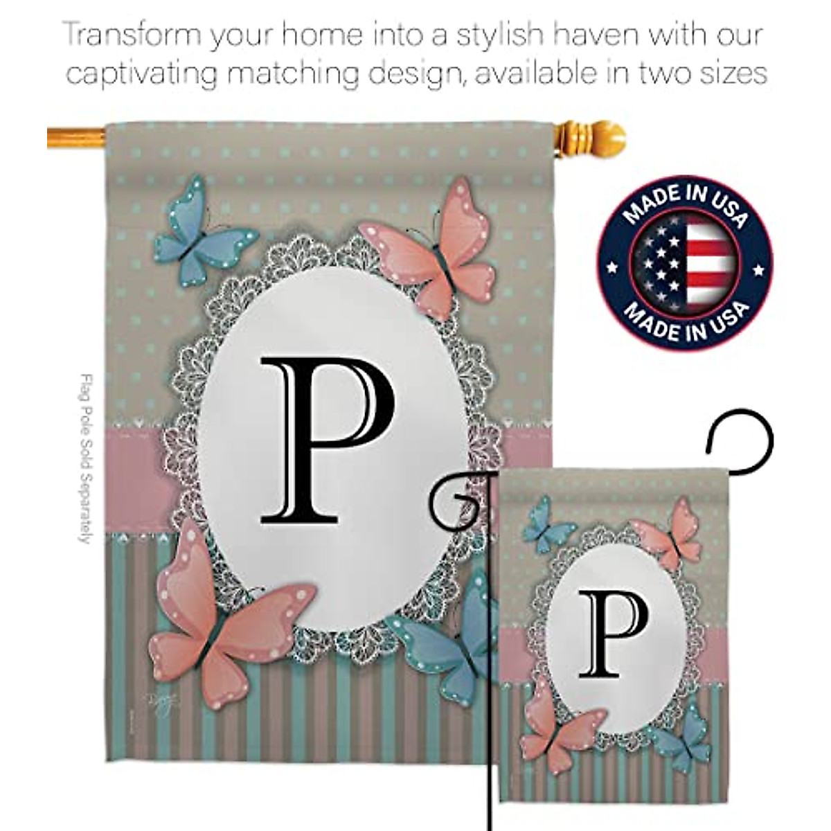 Breeze Decor P Initial Garden Flag Set Wall Hanger Monogram Friends Bugs & Frogs Butterfly Ladybugs Dragonfly Bee Springtime Insect Natural Wildlife House Yard Gift Double-Sided, Made in USA