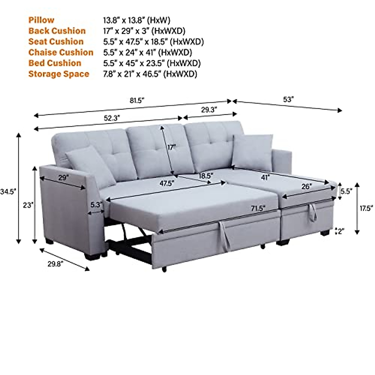 Apartment Sleeper Sofa with Chaise Storage Easy Pull Out Full Sized Bed with Removable Cushions Perfect for Bedroom Livingroom and Office Spaces