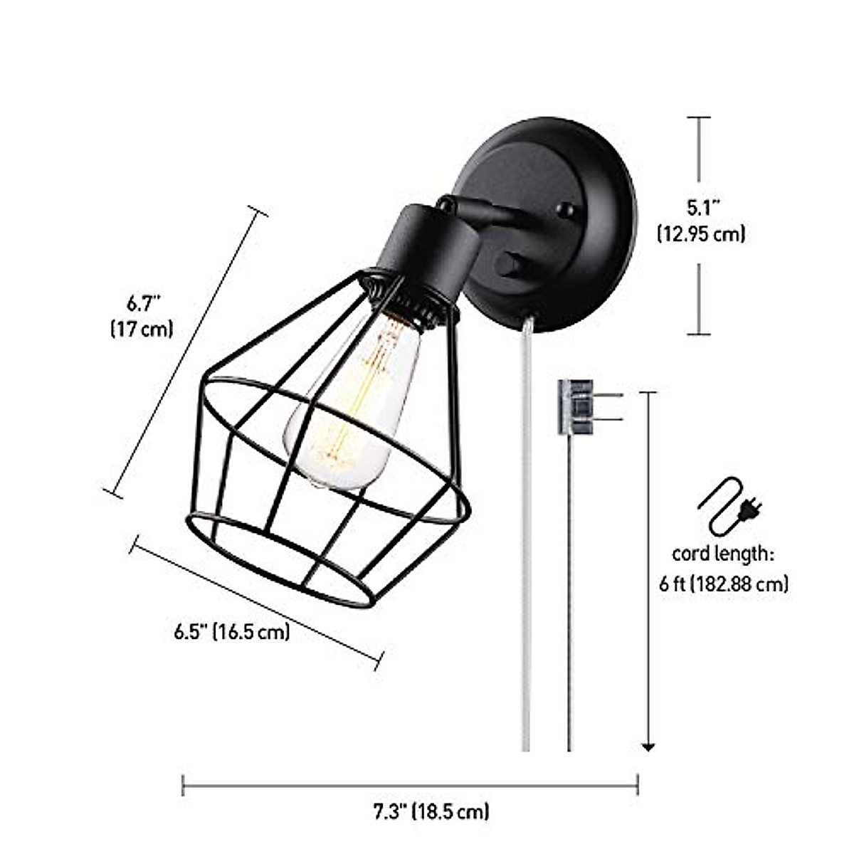 Globe Electric 65291 1-Light Plug-in or Hardwire Industrial Cage Wall Sconce, Matte Black Finish, On/Off Rotary Switch, 6ft Clear Cord, Wall Lights for Bedroom Plug in, Kitchen Sconces Wall Lighting