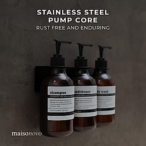 MAISONOVO Shampoo and Conditioner Dispenser with Wall Mounts - 5 Black Plastic Bottles with Black Pump and 2 Amber Bottles, No Drill, Easy Install, Ideal for Home, Office, or Commercial Use