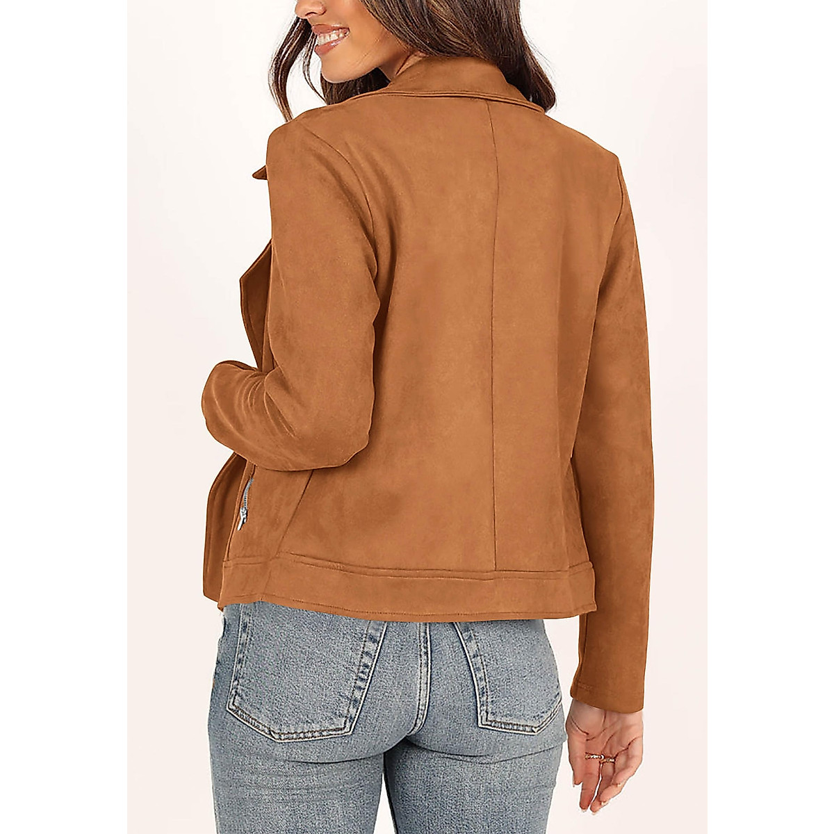 PRETTYGARDEN Womens Winter Faux Suede Motorcycle Jacket Long Sleeve Zipper Pockets Short Coat Y2K Fashion Dressy Outerwear (Brown,X-Large)