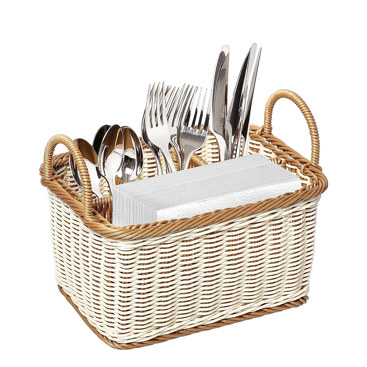 Hemoton Cutlery Storage Organizer Basket, Hand Woven Utensil Holder, Silverware Caddy, Tote Bin Basket for Kitchen Table, Cabinet, Holds Forks, Knives, Spoons, Napkins, Pens, Indoor or Outdoor Use