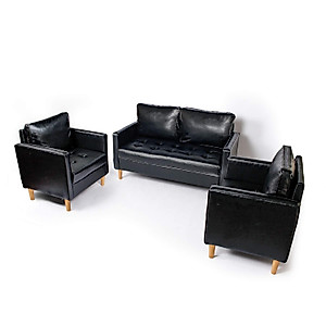 VAMEPOLE Black Leather Sectional Sofa Couch 3 Pieces, Loveseat and Accent Chair Stitching Tufted Cushion Suitable for Small Space, Office, Meeting Room, Living Room Furniture Sets
