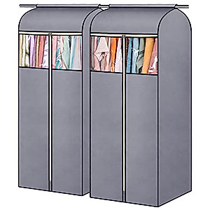 SLEEPING LAMB 60'' Hanging Garment Bags for Closet Storage Sealed Completely Jackets Coats Suits Clothes Rack Cover for Wardrobe with Clear PVC Window, 2 Packs, Grey (Hanging Rod Not Included)