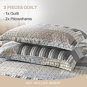 Y-PLWOMEN Quilts Queen Size - 100% Cotton Brown Grey Queen Quilt Farmhouse Plaid Quilted Bedspread, 3 Pieces Lightweight Reversible Queen Size Quilt Bedding Set for All Season