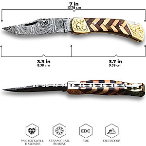 WARLOCKS CLUB Handmade Damascus Pocket Knife with Sheath, 7" Folding Hunting Knife with Wood Handle, Small Camping Knife for Outdoor