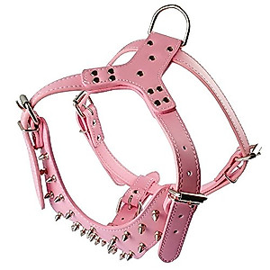 Benala Cool Spiked Studded Pu Leather Dog Harness 26"-34" Chest Leather Spiked Dog Harness Large Dog Pitbull Bully Husky Terrier,Pink,One Size