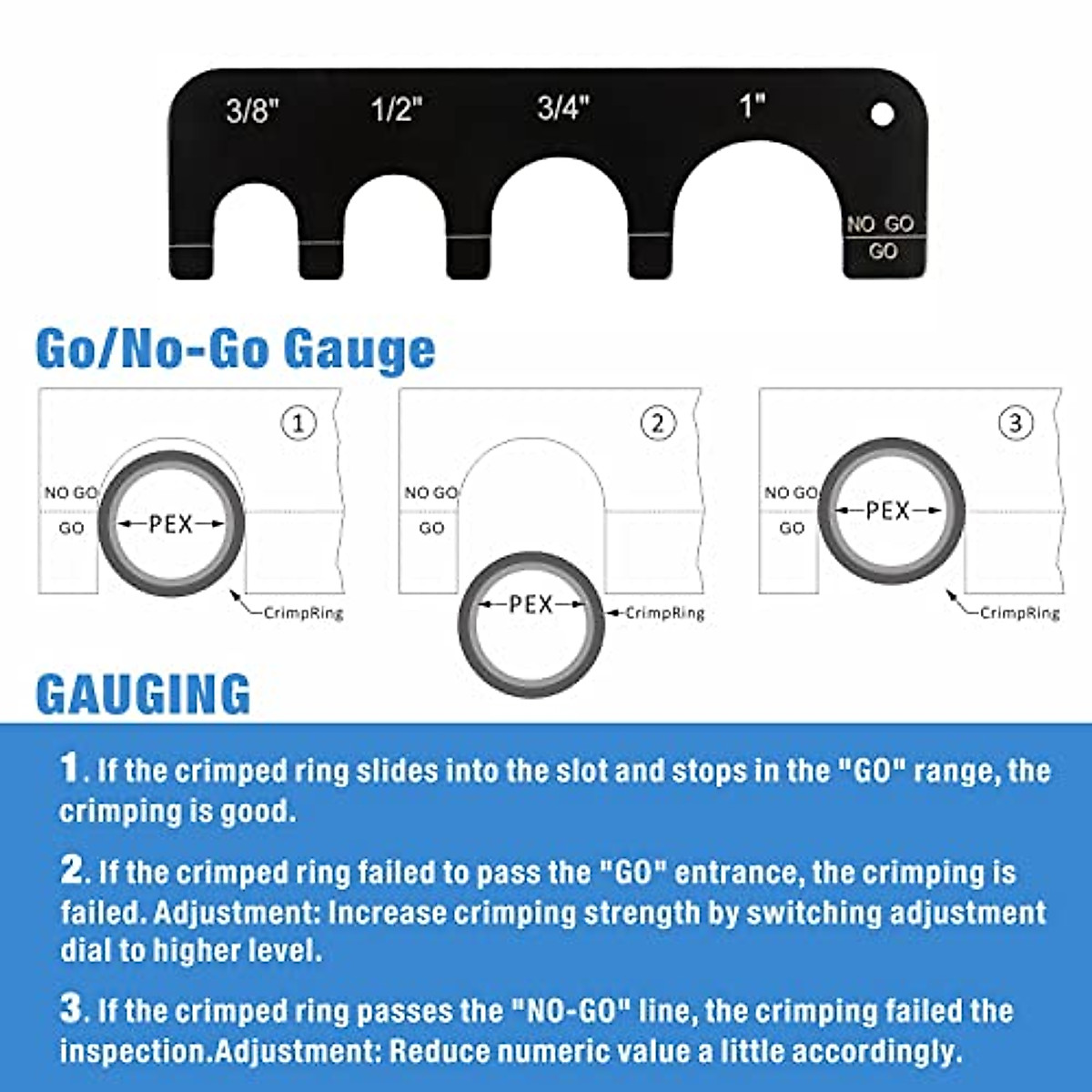 iCrimp PEX Crimping Tool Kit for 3/8 inch, 1/2 inch, 3/4 inch, 1 inch Pex Copper Crimp Rings, c/w PEX Cutter,Go-no-go Gauge, Meets ASTM F1807 Standard