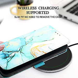 Phone Case Oppo A17 Green Marble Leather Wallet Flip Cases Cover with Credit Card Holder for Women with Long Crossbody Lanyard and Hand Strap