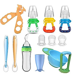 PandaEar Baby Food Feeding Set Fresh Fruit Feeder 3 Pack with 3 Size Silicone Pacifiers, 2 Silicone Baby Spoon, 1 Food Mash and Serve Bowl with Scissor, 1 Baby Food Dispensing Spoon