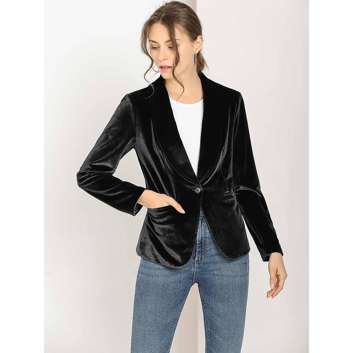 Allegra K Women's Christmas Office Coat Solid Shawl Collar 1 Button Velvet Blazer X-Large Black