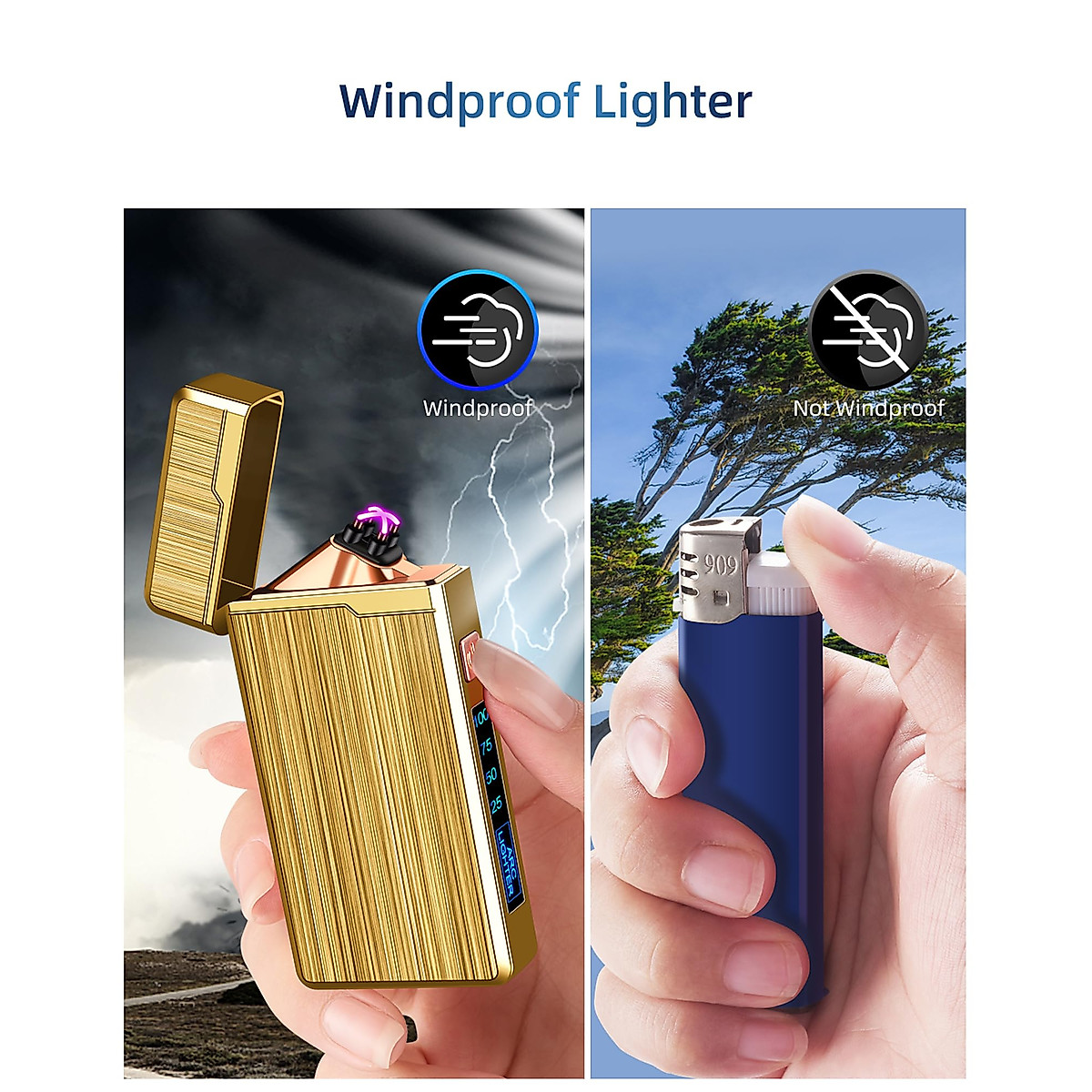 ULMCULM 2 PACK Electric Lighter,USB Rechargeable Lighter, Plasma Dual Arc Lighter, Windproof Flameless Lighter, Pocket Metal Lighter with LED Battery Indication for Indoor Outdoor (Black&Gold)