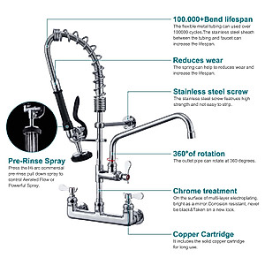 APLWY 25" Height Commercial Faucet with Sprayer, Commercial Sink Faucet 8" Adjustable Center 12" Swing Spout, Commercial Wall Mount Faucet with Pre-Rinse Sprayer for Restaurant Industrial (25In)
