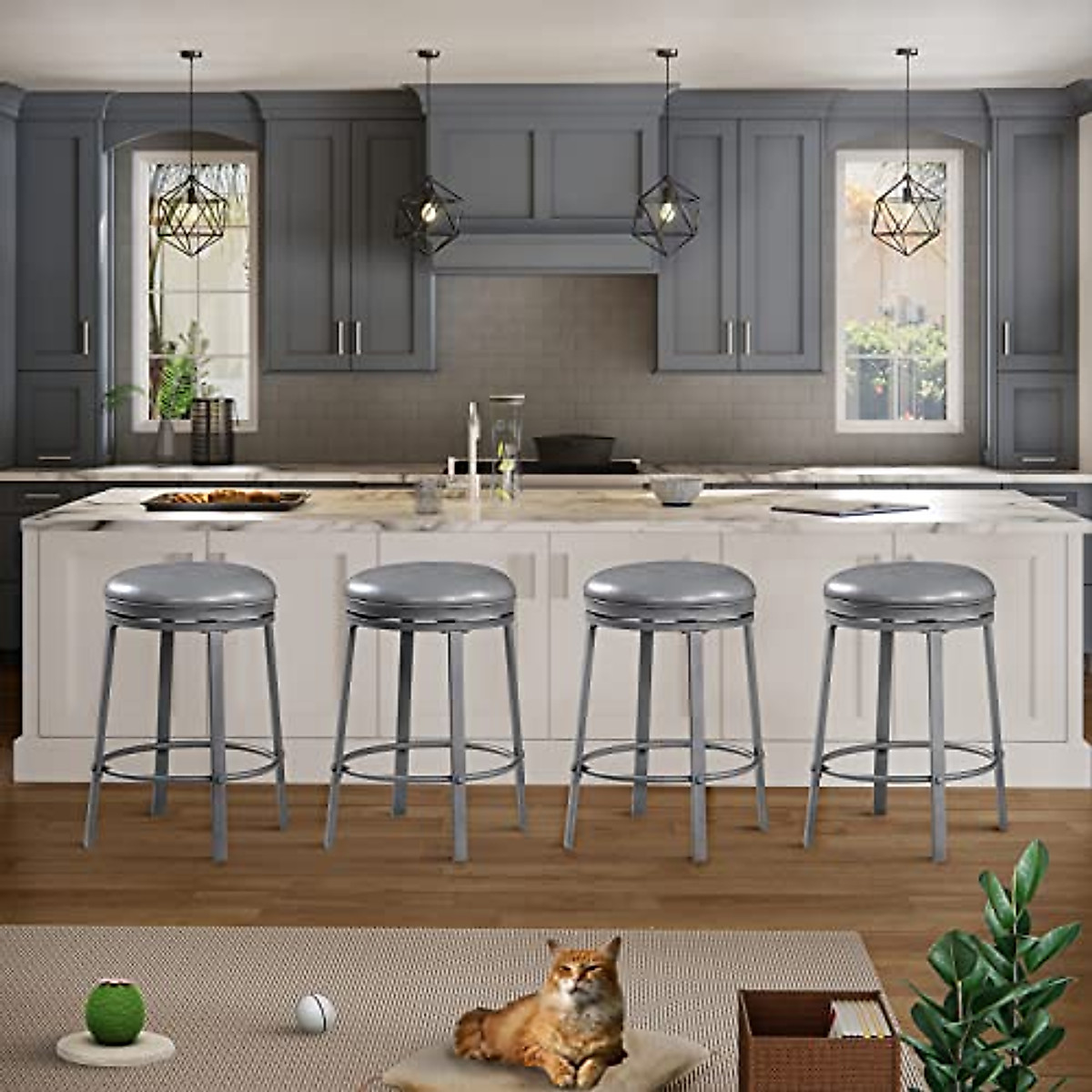 OUllUO Swivel Bar Stools Set of 2, 25 Inch Backless Counter Bar Height Stools, PU Leather Round Kitchen Counter Stools, Industrial Kitchen Island Stools with Metal Base, 520P-SGPU, Grey, 2Pcs