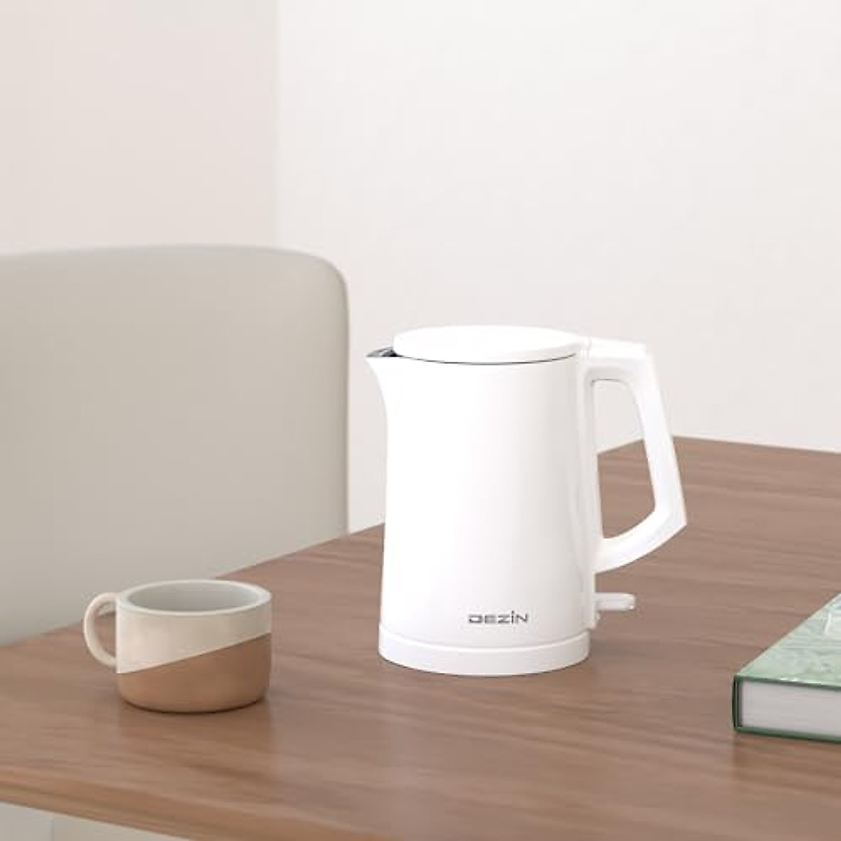 Dezin Electric Kettle, 0.8L Portable Travel Kettle with Double Wall Construction, Stainless Steel Electric Tea Kettle for Business Trip, Small Electric Kettle with Auto Shut-Off, White (Without Cup)