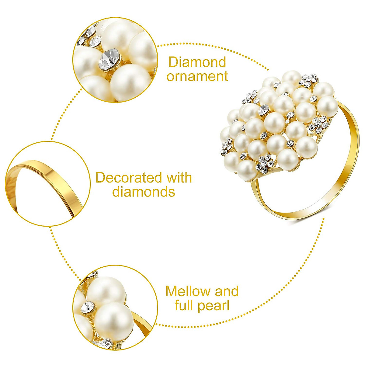 Hotop Napkin Rings Set Gold Pearls Flower Napkin Buckles Rhinestone Round Napkin Holders for Wedding Banquet Home Party Decoration Dining Table Linen Accessory (12 Pcs)