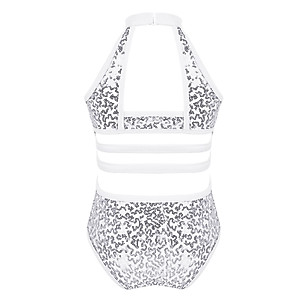 Jowowha Girls Sparkly Sequins Cutout Back Gymnastic Leotards Halter Neck One-Piece Ballet Dance Unitard Top Bodysuit Jumpsuit White 10 Years