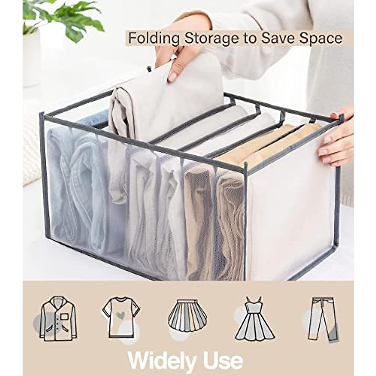 Clothing Organizers for Folded Clothes, LAKEEVAN Visible 7 Grids Washable Pants Organizer, Mesh Wardrobe Closet Drawer Storage for Jeans, Leggings, Skirts, T-Shirts, Scarves, Bras, Underwear, Socks(Gray, 2 Pcs)
