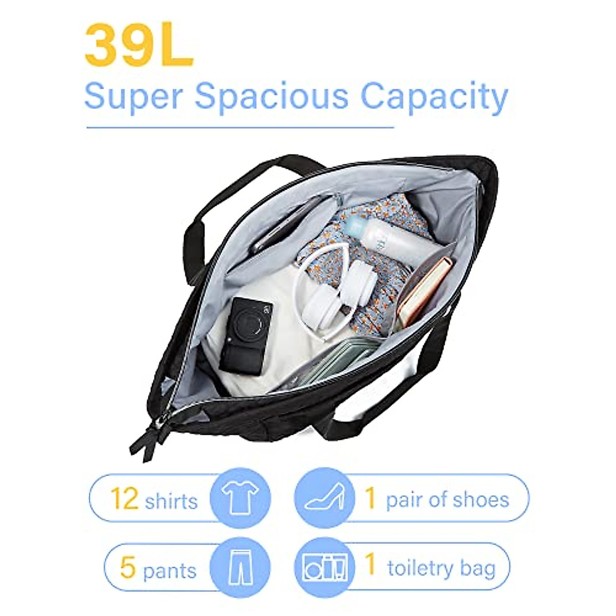 Weekender Overnight Bag, BAGSMART 39L Large Travel Duffle Bag for Women, Soft Quilted Cotton Sports Gym Bag with Shoe Compartment, Crossbody Carry-on Bag with Multiple Pockets, Machine Washable(Black)