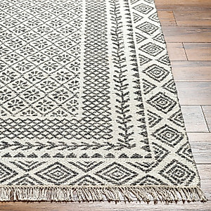 Hauteloom Hulda Wool Living Room, Bedroom Area Rug - Bordered - Boho, Bohemian Carpet - Modern Farmhouse - Gray, Black, White - 8' x 10'