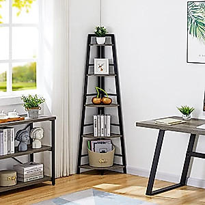 BON AUGURE Rustic Tall Corner Bookshelf, 5 Tier Wood and Black Metal Corner Ladder Shelf, Industrial Corner Bookcase and Gray Corner Shelf for Living Room, Bathroom, Kitchen (Dark Gray Oak)