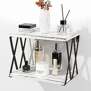 Sapowerntus Floating Nightstand Shelves Wall Mounted, 2 Tier Bedside Table for Bedroom, Rustic White Wood Basket Box Shelf with X Mental Bracket, Small Storage Decor in Bathroom Living Room