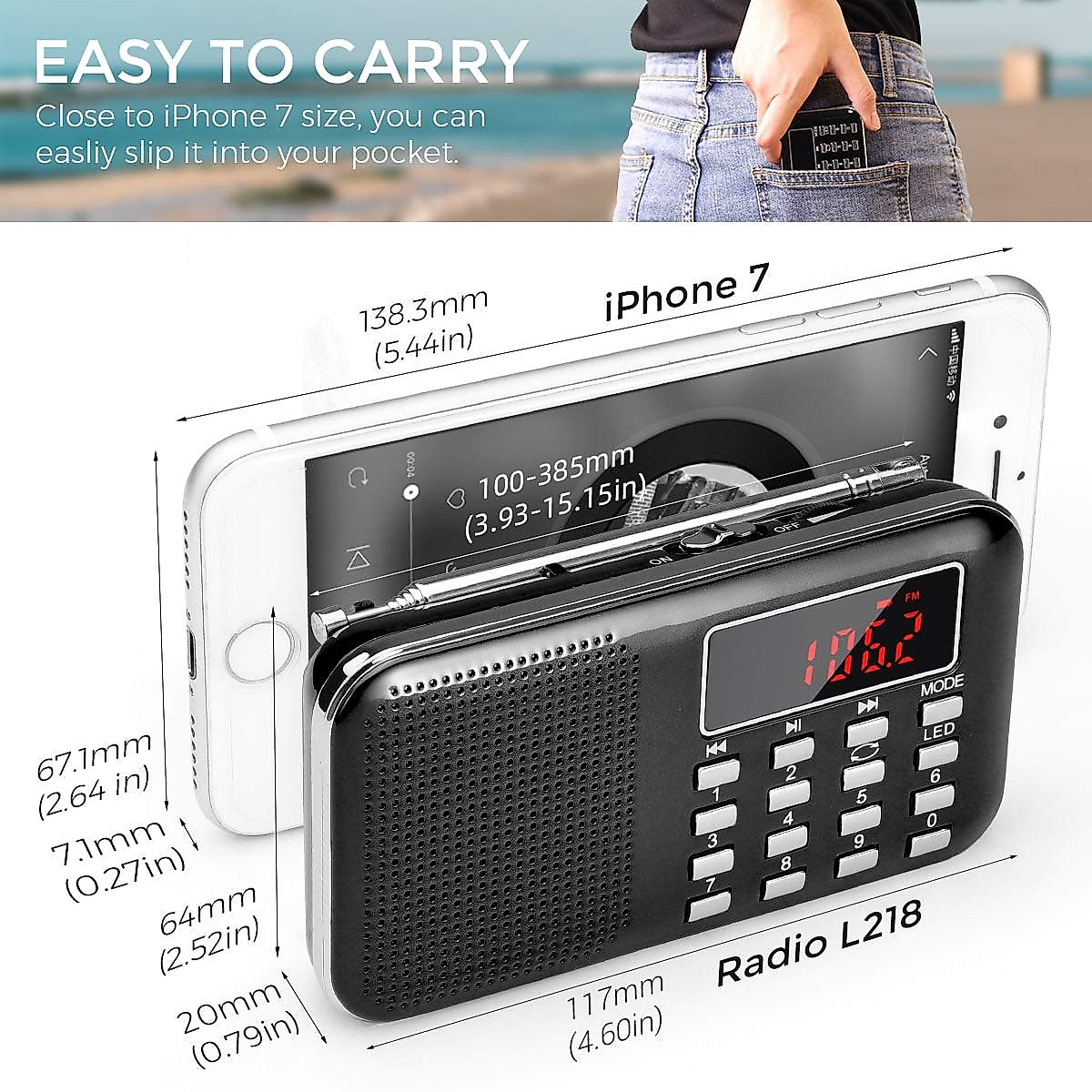 Mini Portable Radio AM FM Pocket Radio with MP3, LED Flashlight, Digital Radio Speaker Support Micro SD/TF Card/USB, Auto Scan Save, 1200mAh Rechargeable Battery Operated, by PRUNUS[Latest Version]