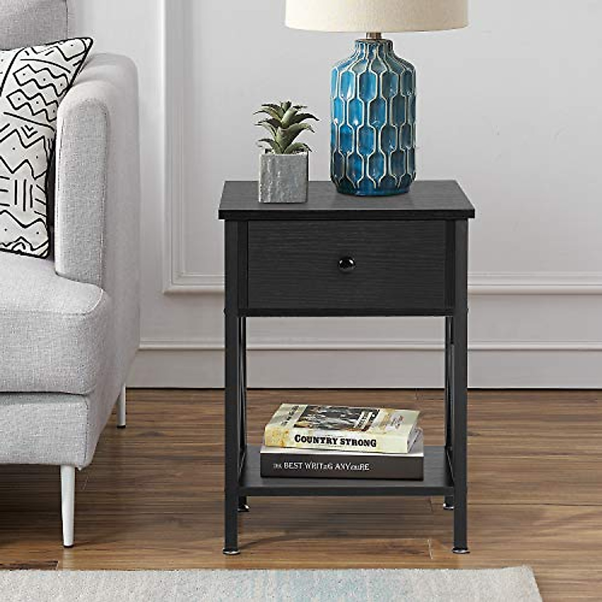 VECELO Versatile Nightstands X-Design Side End Table Night Stand Storage Shelf with Bin Drawer for Living Room Bedroom,Black
