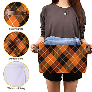 NFMILI Orange Black Plaid Storage Basket, Fabric Storage Cubes Bins, Open Home Storage Bins with Handle 14.2 x 10.2 x 8.3 in