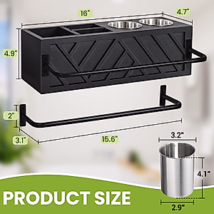 Hair Tool Organizer Wall Mount, Hair Dryer Holder with 2 Towel Bars, Wood Hot Tools Organizer, Rustic Bathroom Organizer Blow Dryer Holder For Bathroom Decor, Flat Iron, Curling Wand, Brushes(Black)