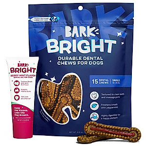 Bark Bright Durable Dental Kit - Berry Mint Flavored - 15 Chew Sticks & Toothpaste - Small Breeds