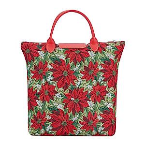 Signare Tapestry Foldable Tote Bag Reusable Shopping Bag Grocery Bag With Xmas Poinsettia Design (FDAW-XMAS-POIN)
