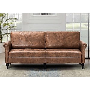 ACMEASE 80” Faux Leather Sofa with Nailhead Trim, Traditional 2 Seater Couch with Rolled Arms, Upholstered Loveseat Sofa for Living Room, Apartment, Studio, Office, Brown