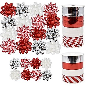 30 Self Adhesive Christmas Bows with 8 Rolls of Holiday Curling Ribbon Rolls Matte and Metallic Silver Red White Striped Bows in 2 Assorted Sizes for Packages & Presents Gift Wrapping Decorations