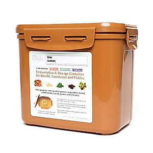 Crazy Korean Cooking Premium Kimchi, Sauerkraut Fermentation and Storage Container with Inner Vacuum Lid, Sandy Brown, 0.9 gallon (3.4 L) (0.9 Gal (3.4L) 1 PACK)