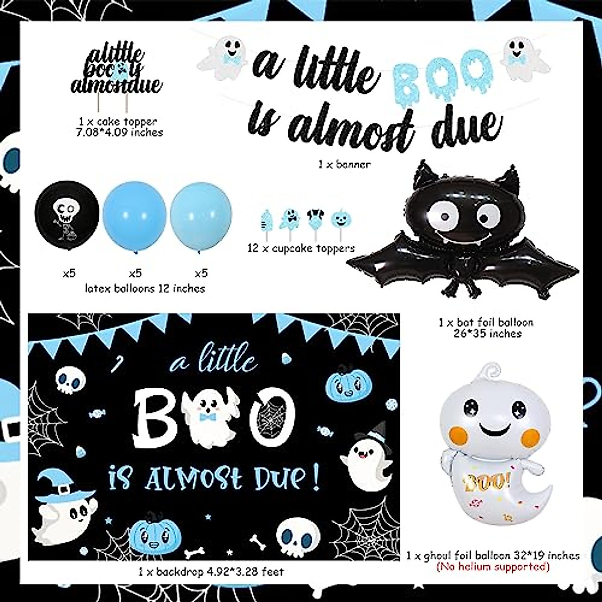 Halloween Baby Shower Decorations for Boy, A Little Boo is Almost Due Baby Shower Decorations Blue and Black Ghost Bat Foil Balloons Little Boo Party Decor, Halloween Boy Birthday Party Decorations