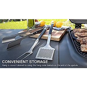 Everdure by Heston Blumenthal Premium Pack of 3 BBQ Tool Kit: Brushed Stainless Steel Tongs, Spatula and Fork with Soft Grip Handles and Hang Zone