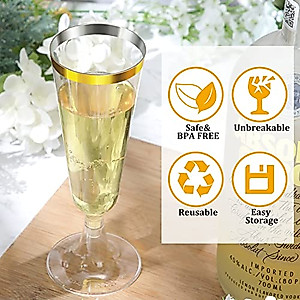 150 Pcs Champagne Flutes Plastic Champagne Glasses Clear Disposable Champagne Flutes Crystal Champagne Flutes Plastic Wine Glasses Plastic for Wedding Toasting Flutes Party Cocktail Cups (Gold)
