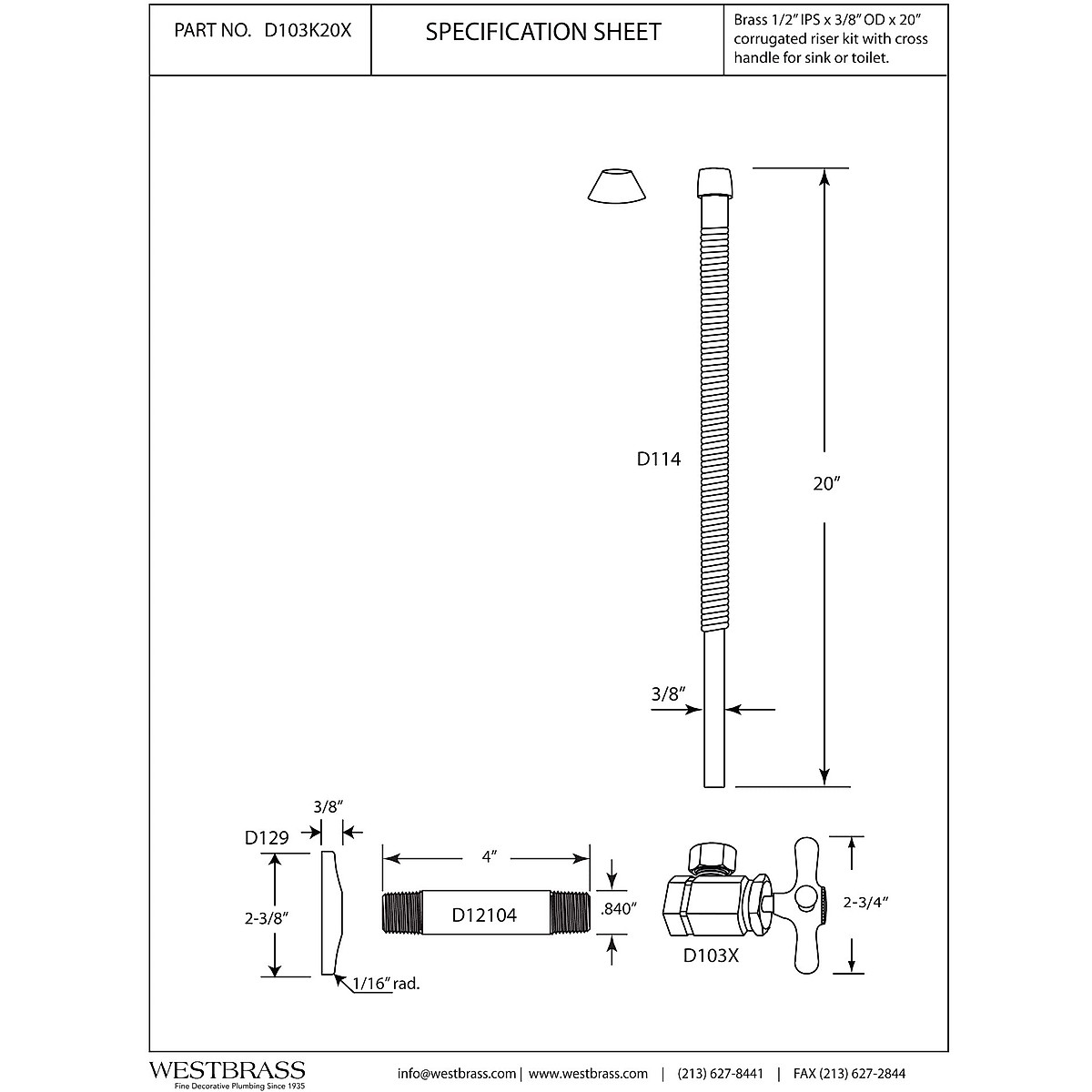 Westbrass Corrugated Supply Kit with Cross Handle, 1/2" IPS x 3/8" OD x 20", Oil Rubbed Bronze, D103K20X-12