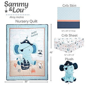 Sammy & Lou Ahoy Archie 4-Piece Baby Nursery Crib Bedding Set for Boys, Includes Quilt, Fitted Crib Sheet, Crib Skirt, and Plush Toy