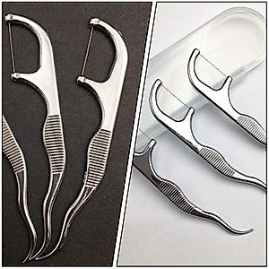 HEMOTON 6pcs Dental Floss Pick Portable Angled Flossers Stainless Steel Toothpicks Outdoor Teeth Cleaning Tools for Travel Teeth Care