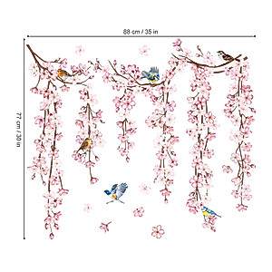 decalmile Cherry Blossom Flower Vine Wall Decals Hanging Floral Tree Branch Birds Wall Stickers Living Room Bedroom Office Wall Decor