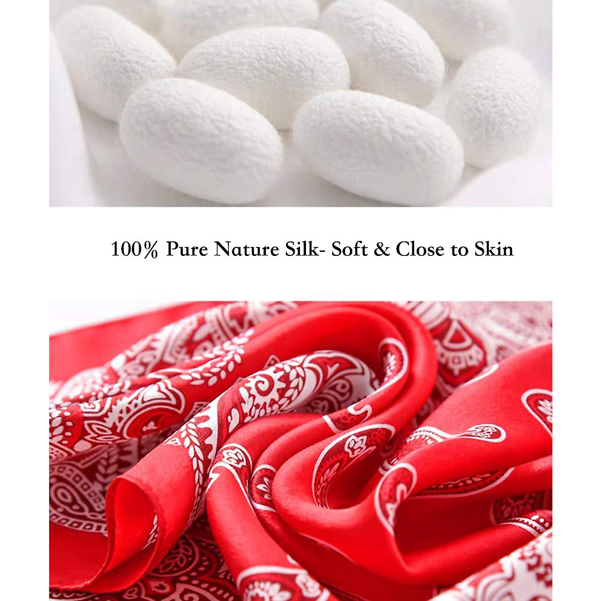 ANDANTINO 100% Real Mulberry Silk Scarf -21'' x 21''- Lightweight Neckerchief –Women Men Small Square Digital Printed Scarves (Red Paisley)