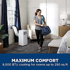 GE Portable 3-in-1 Air Conditioner with Dehumidifier and Fan, 9,000 BTU, Cooling for 250 sq ft rooms, Includes Remote, Vent Hose and Easy Window Install Kit, WiFi & SMART Connected, White