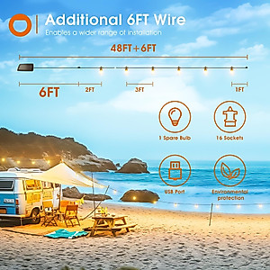 addlon 54(48+6) FT Solar String Lights Outdoor Waterproof with USB Port & Remote Control Solar Patio Lights Long Last for 20+Hrs Dimmable Solar Power LED Bulbs for Porch Garden Market Bistro